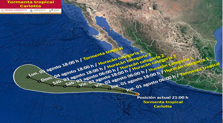 La tormenta tropical “Carlotta” comienza a intensificarte lentamente